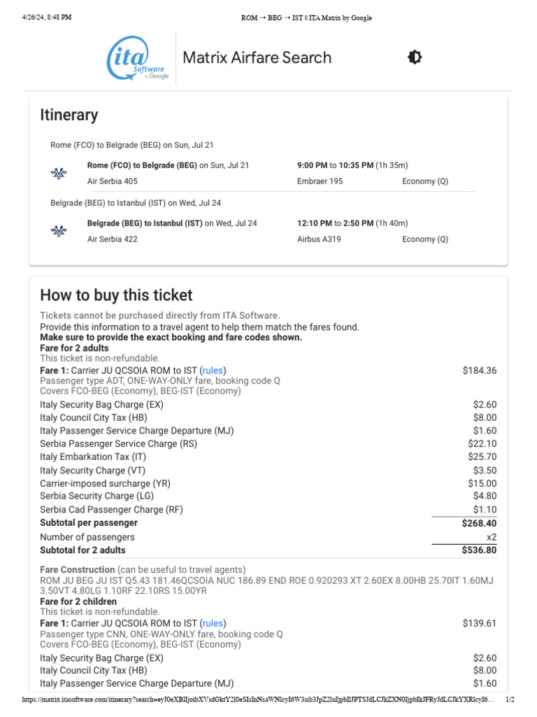 ROM BEG IST - ITA Matrix by Google | PDF | Civil Aviation | Airlines