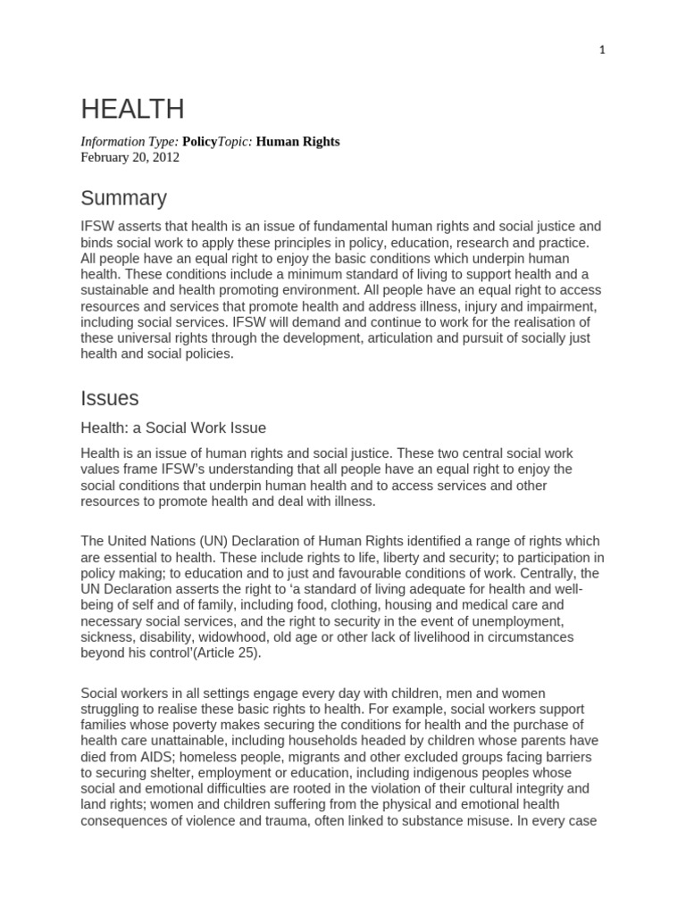 IFSW Policy Statement On Health 2012 | PDF | Social Work | Health Equity