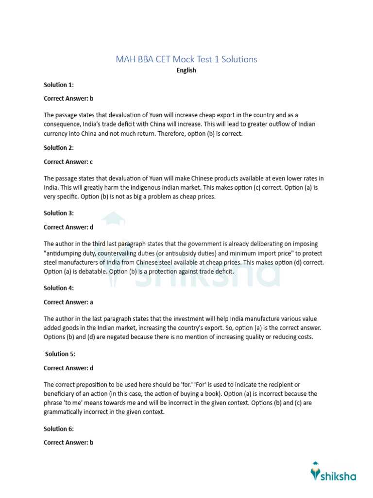 MAH BBA CET Mock Test 1 Solutions | PDF | Devaluation | Dumping ...