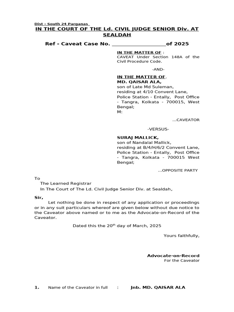 Caveat Notice in Sealdah Court Case | PDF | Public Sphere | Separation Of Powers