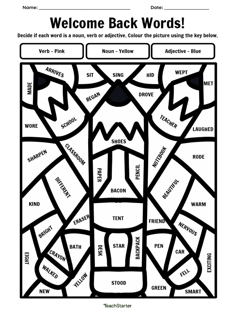 Colourby Code Partsof Speech Backto School Worksheet Adobe Reader | PDF ...