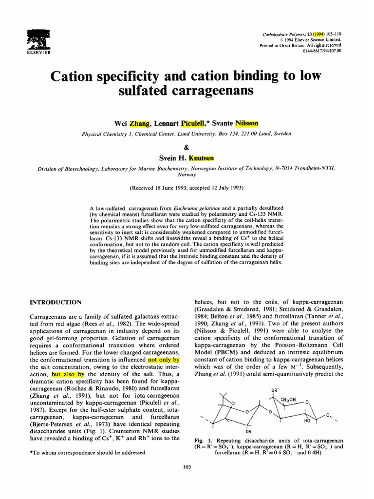 Cation Specificity And Cation Binding To Low Sulfated Carrageenans