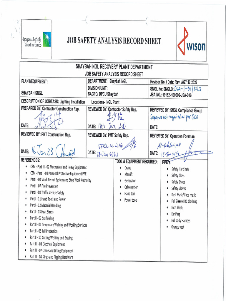 19162-HS0602-JSA-006 - Lighting Installation- | PDF | Electrician | Elevator