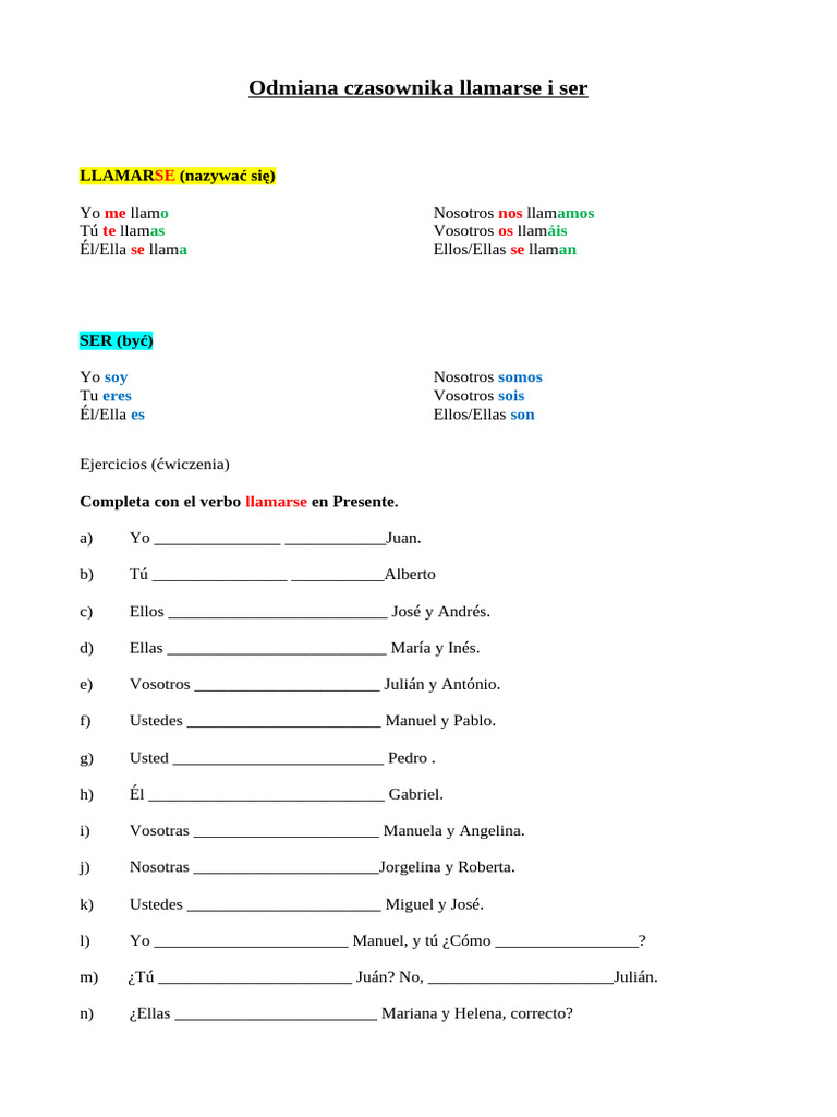 Odmiana Czasownika Llamarse I Ser+ćwiczenia | PDF