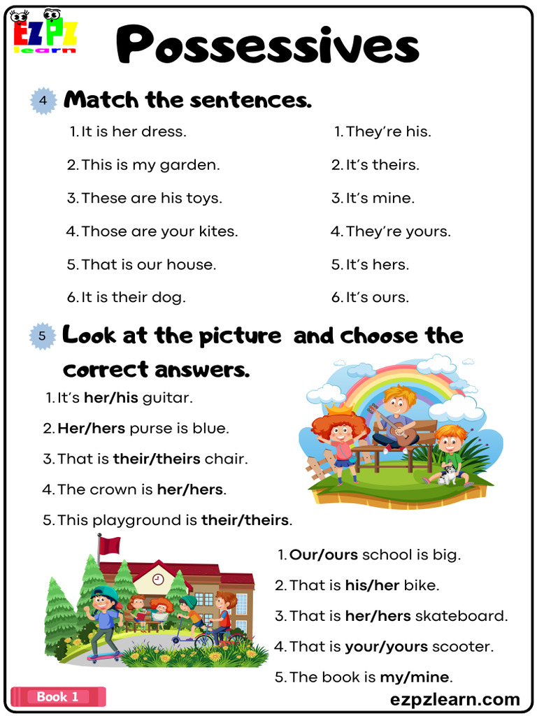 Possessives Match The Sentences and Choose The Correct Answers Grammar Worksheet | PDF
