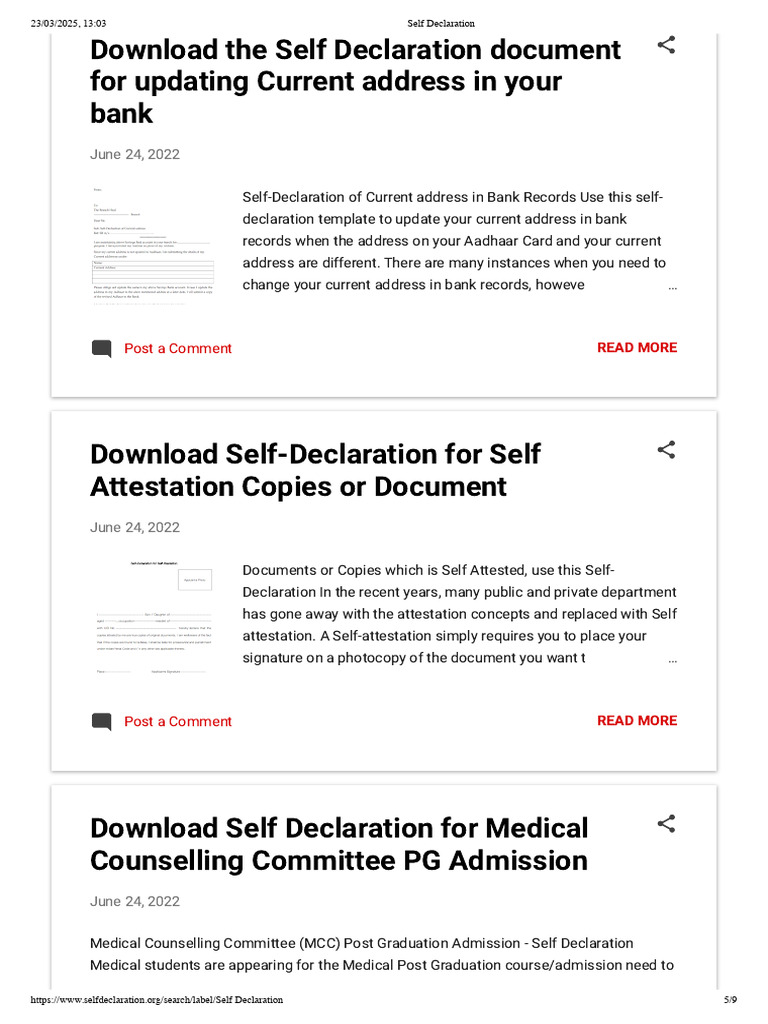 Self-Declaration for Bank Address Update | PDF