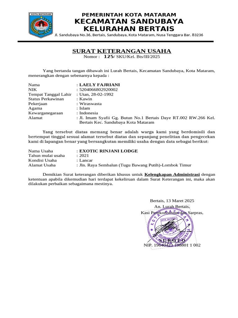 Surat Keterangan Usaha Bertais 2005 | PDF