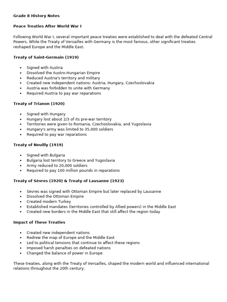 Grade 8 History Notes, Other Treaties | PDF