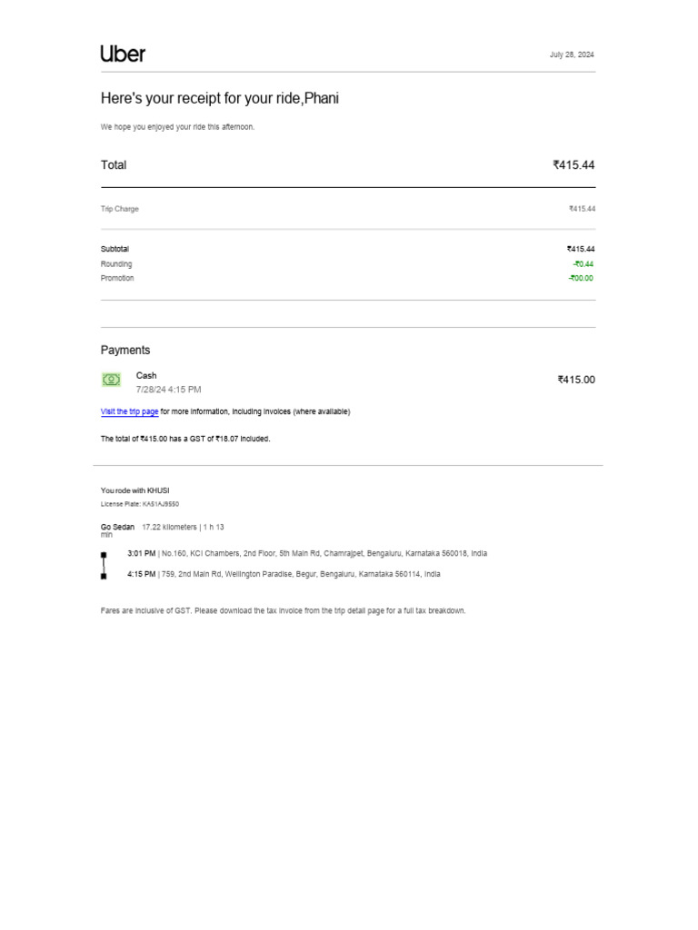 Ride Receipt for Phani - July 28, 2024 | PDF