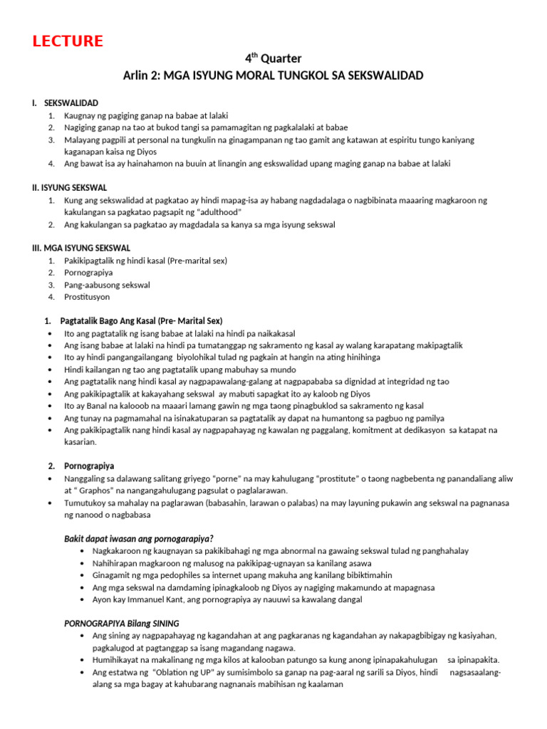 ARALIN-2_MGA-ISYUNG-MORAL-TUNGKOL-SA-SEKSWALIDAD_LECTURE(1) | PDF
