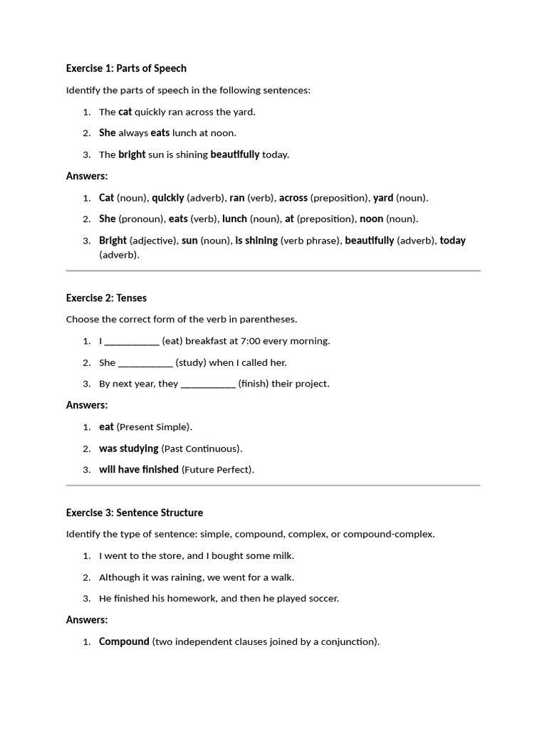 Parts of Speech and Sentence Structure Exercises | PDF