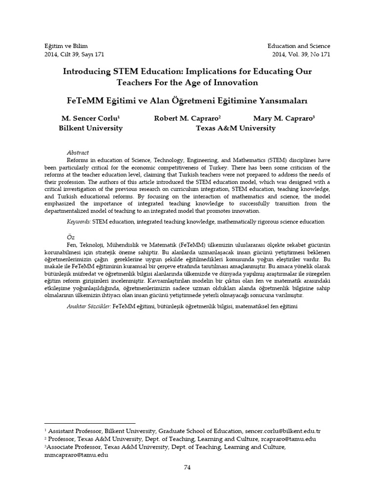 Corlu M S Capraro R M and Capraro M M 20 | PDF | Teachers | Science, Technology, Engineering ...
