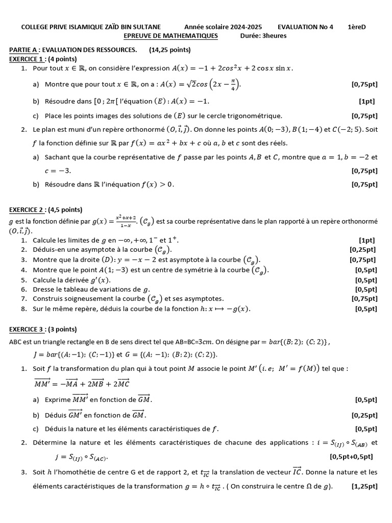 Évaluation de Mathématiques 2024-2025 | PDF | Analyse mathématique ...