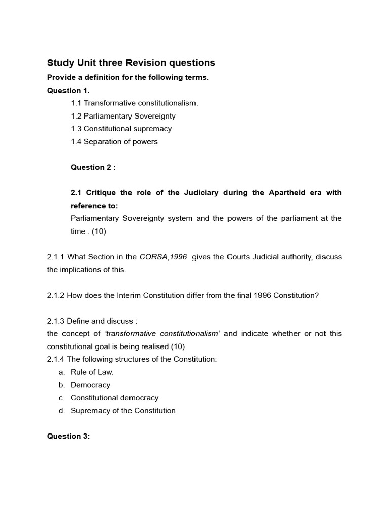 Revision Questions - Study Unit 3 | PDF | Constitution | Apartheid
