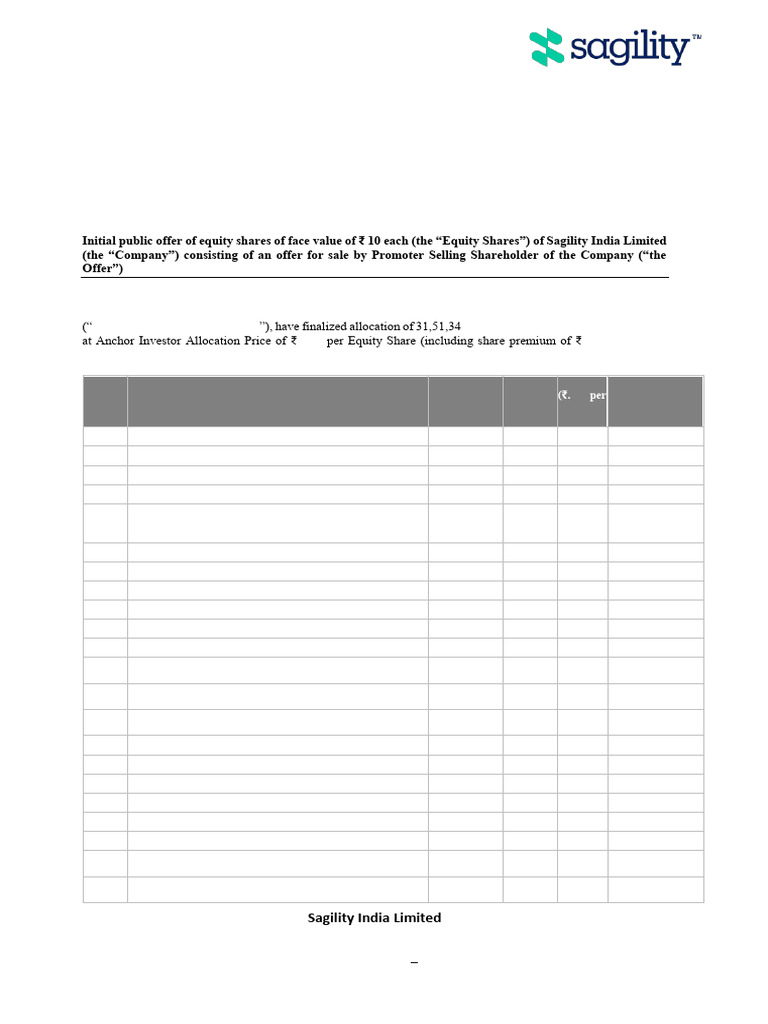 Sagility India IPO Anchor Investor Allocation | PDF | Stocks | Initial ...