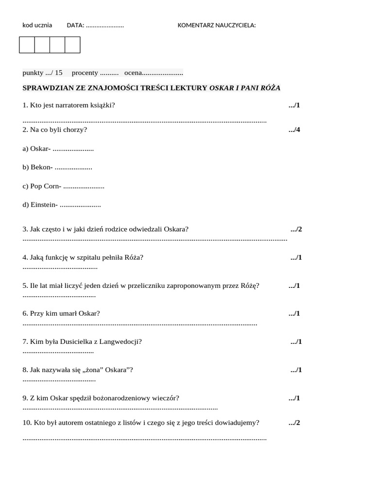 Oskar I Pani Róża Test | PDF
