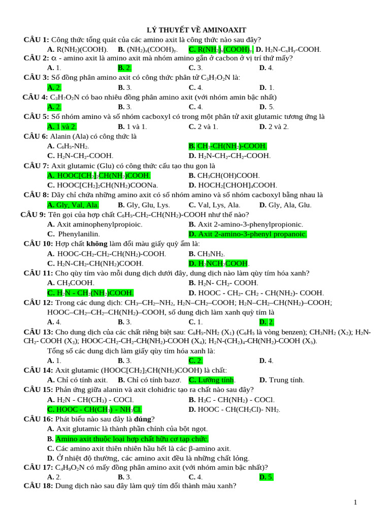 Chương 3 Amin - Aminoaxit - Peptit - AMINOAXIT - Lý thuyết Aminoaxit | PDF