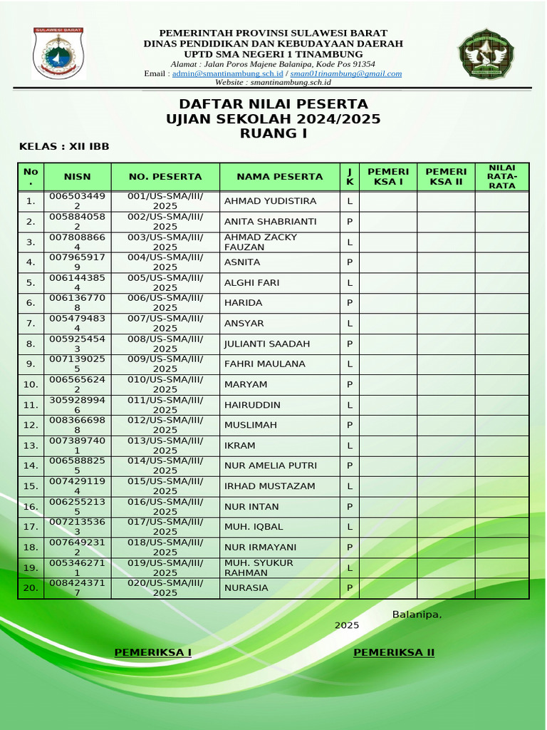 Daftar Nilai Us 2025 | PDF