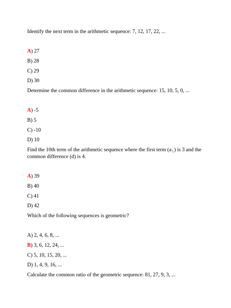 Arithmetic and Geometric Sequences Quiz | PDF