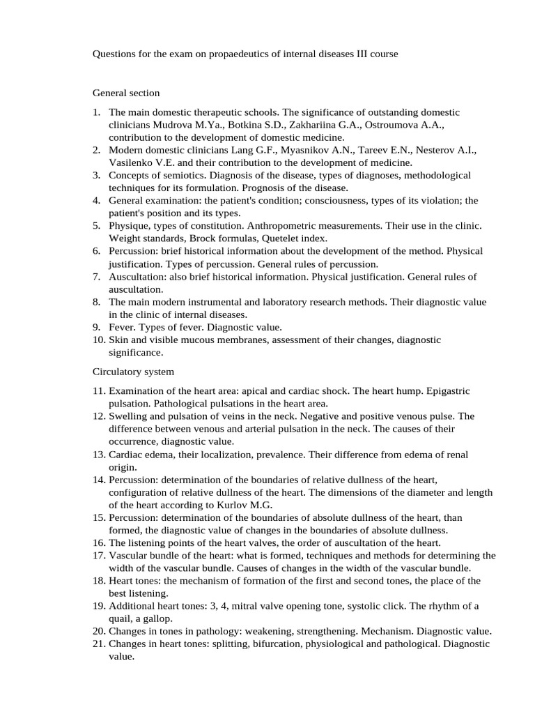 Questions for the Exam on Propaedeutics of Internal Diseases III Course ...