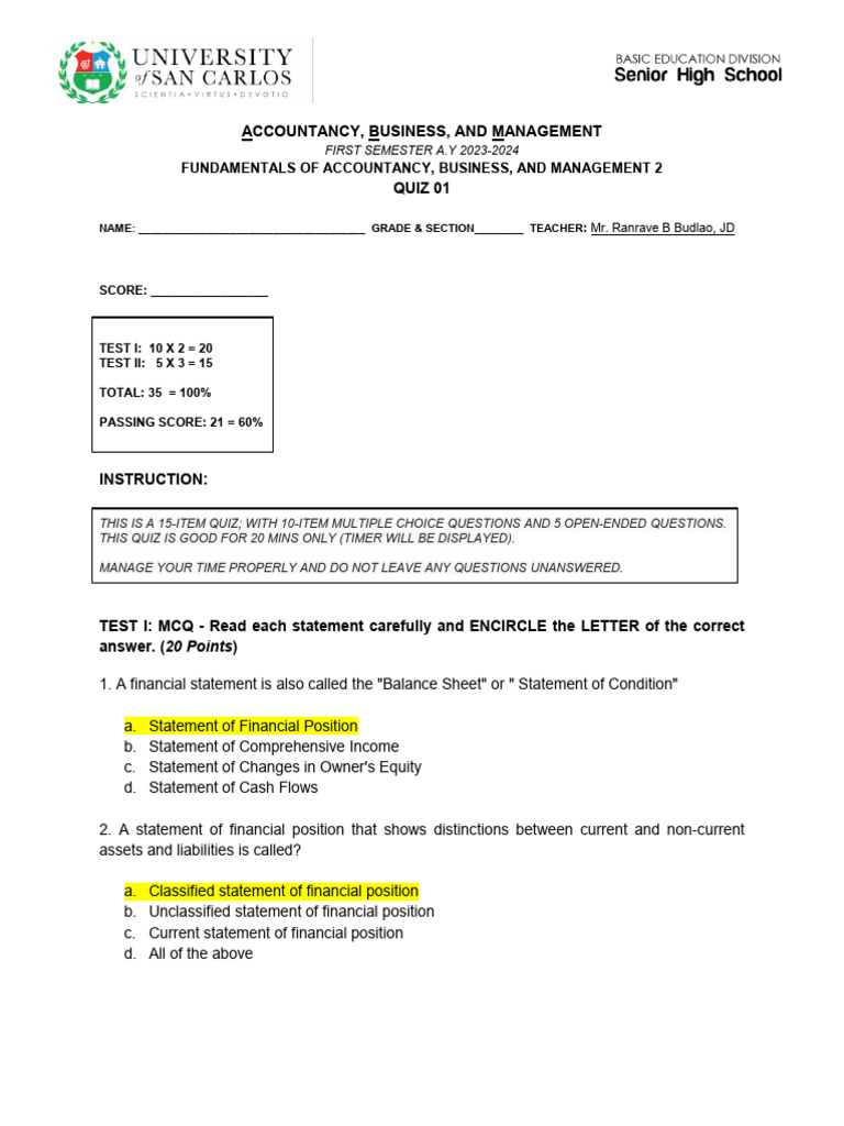 Accountancy Quiz for First Semester | PDF | Balance Sheet | Equity ...