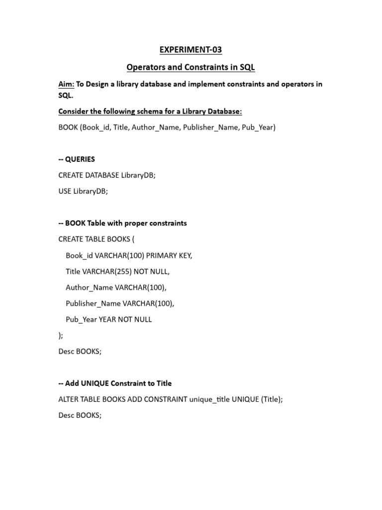SQL Operators and Constraints for Library DB | PDF