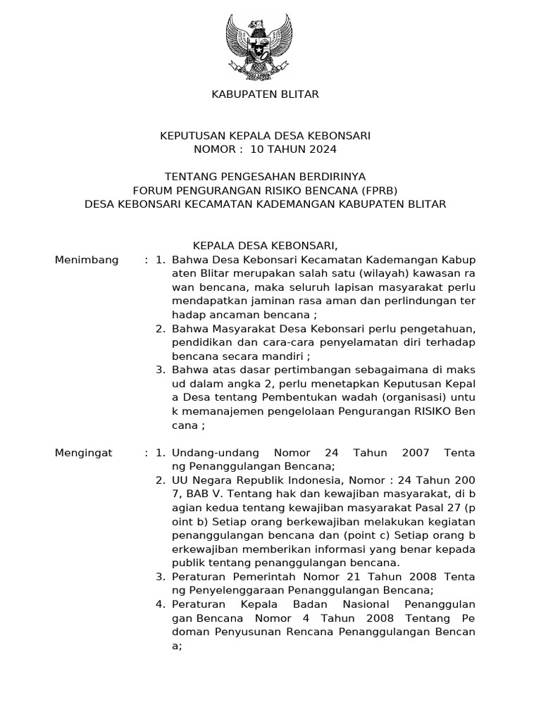 Contoh Draft SK Dan Statuta FPRB Wringinanom - 2023 - Fix | PDF