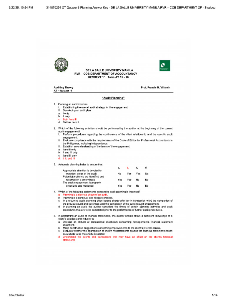 AT Quizzer 8 - Risk Assessment and Materiality dlsu | PDF