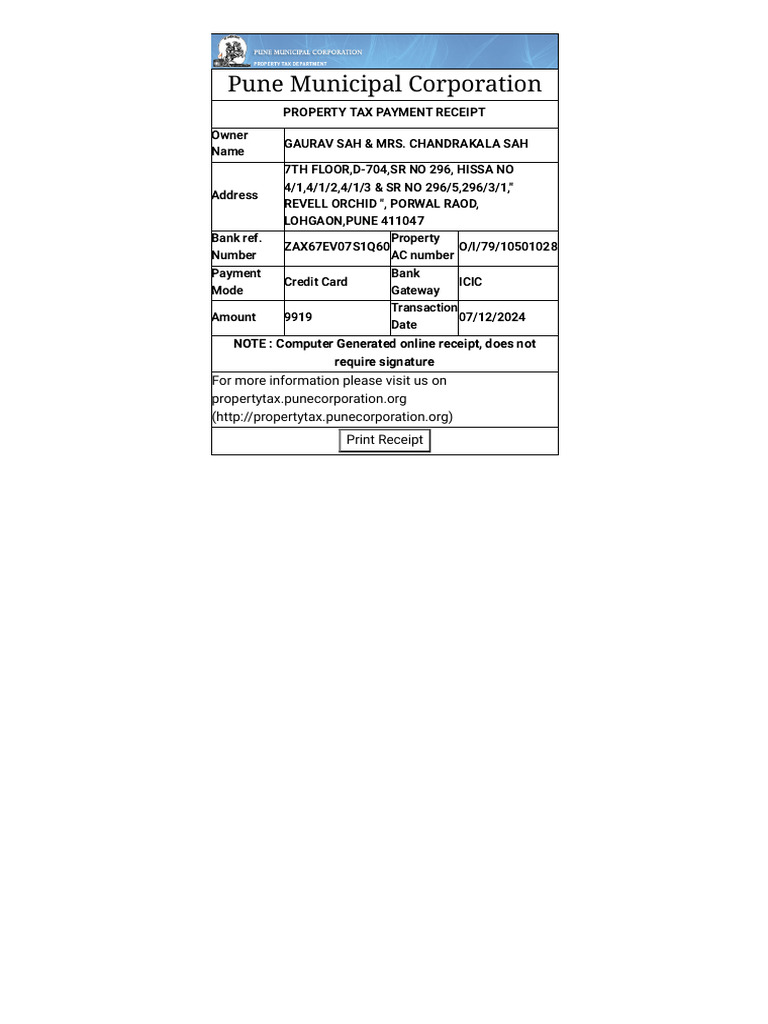 PMC Property Tax Payment Receipt | PDF