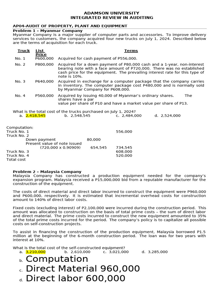04 Audit of PPE Answered and Computation Without Drills Problem | PDF ...