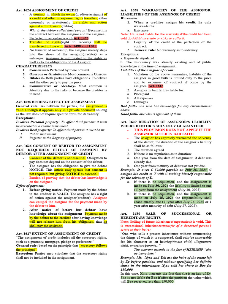 Assignment of Credit: Key Provisions | PDF | Assignment (Law) | Private Law