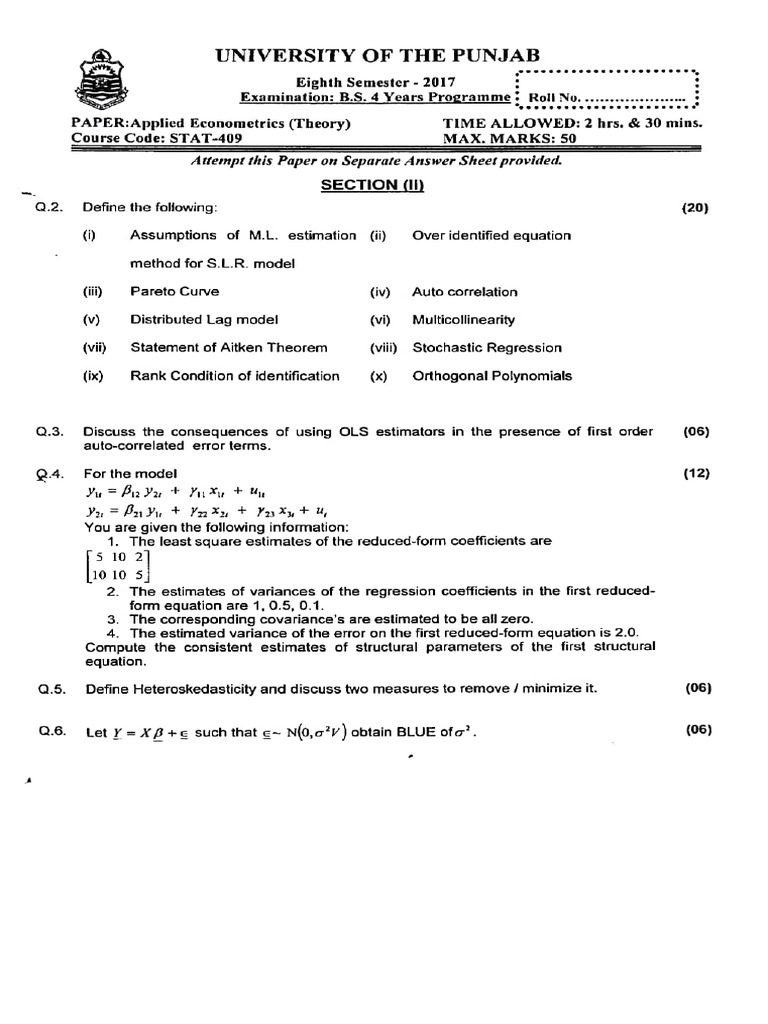 Econometrics UNSOLVED Past Papers | PDF