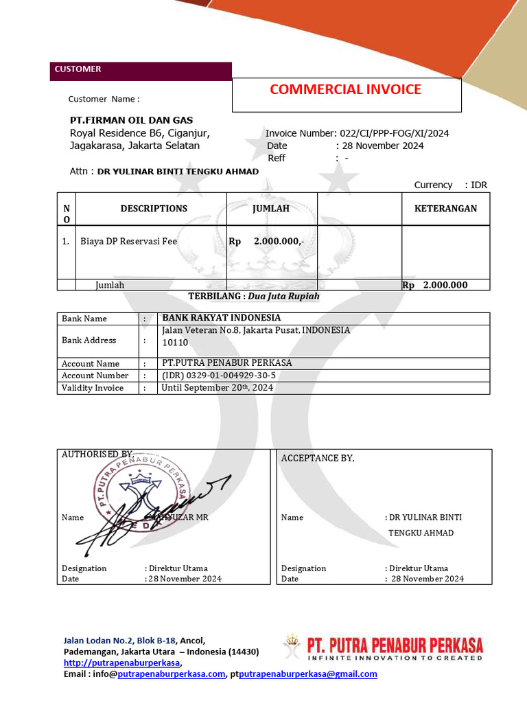 022.invoice Reservasi PT - Firman Oil Dan Gas | PDF