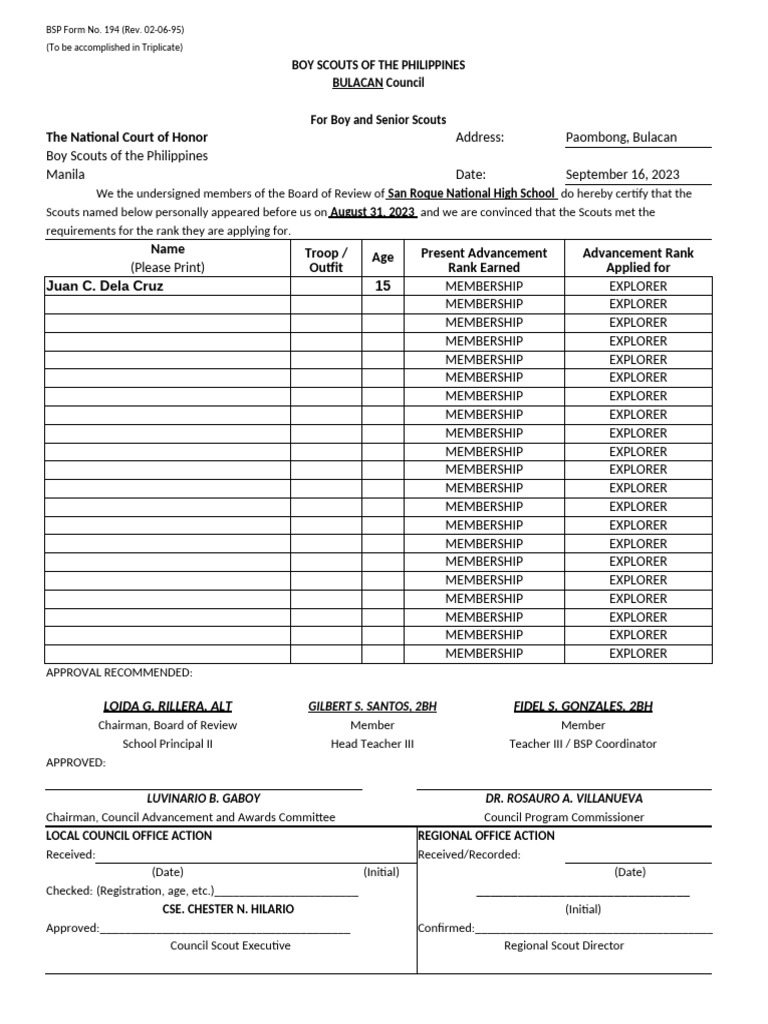 BSP Form 194: Scout Advancement Application | PDF | Scouting | Outdoor ...