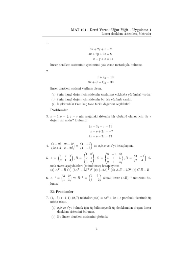 MAT 104 Lineer Cebir 1 | PDF