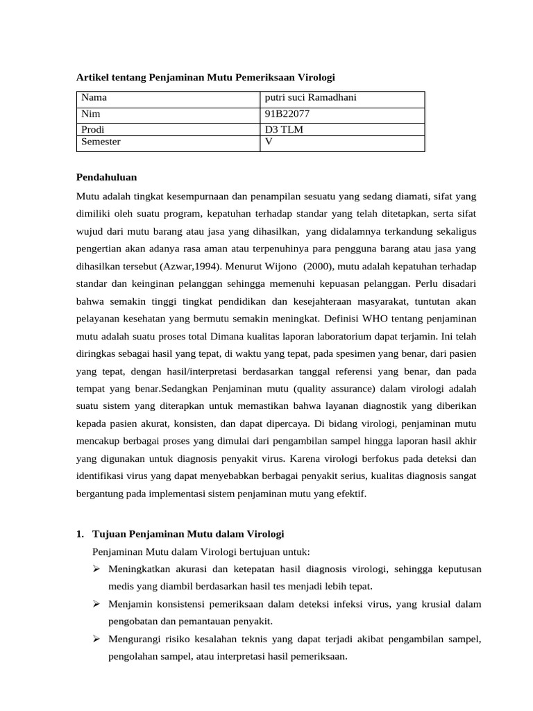 Penjaminan Mutu dalam Virologi | PDF