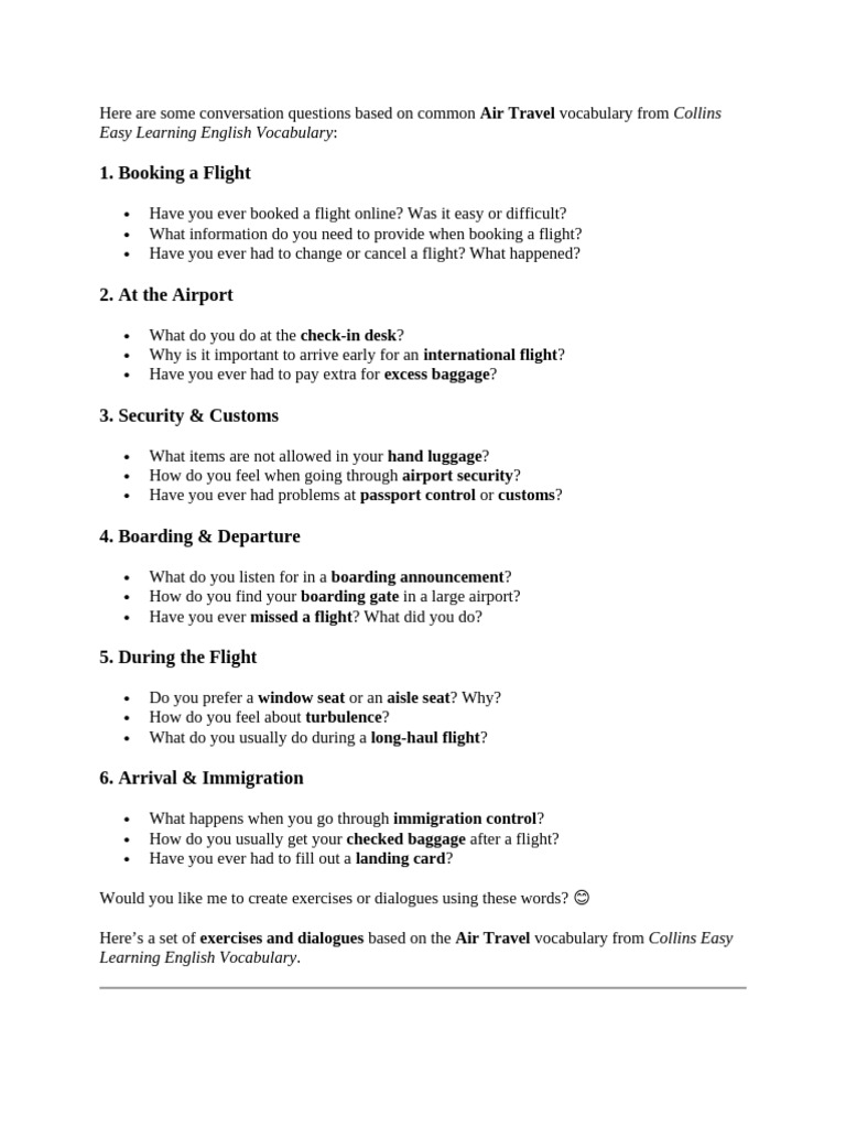 Air Travel Vocabulary Exercises | PDF | Baggage | Aviation
