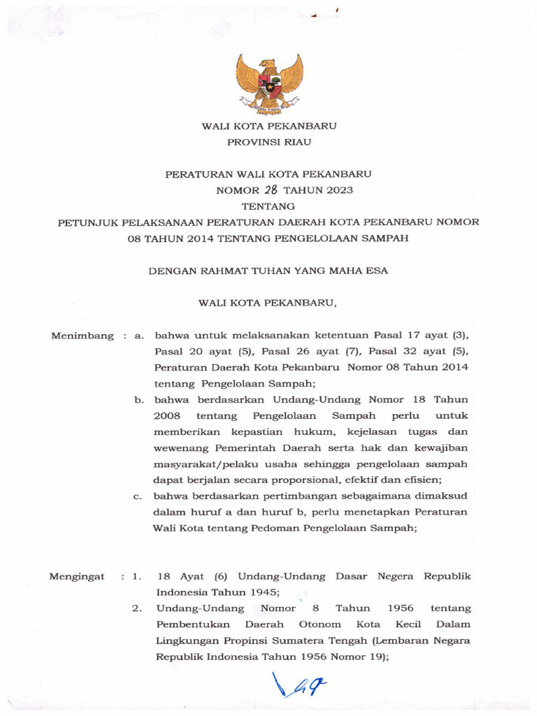 Perwa No 28 Tahun 2023 Ttg Petunjuk Pelaksanaan Peraturan Daerah Kota Pekanbaru Nomor 08 Tahun ...