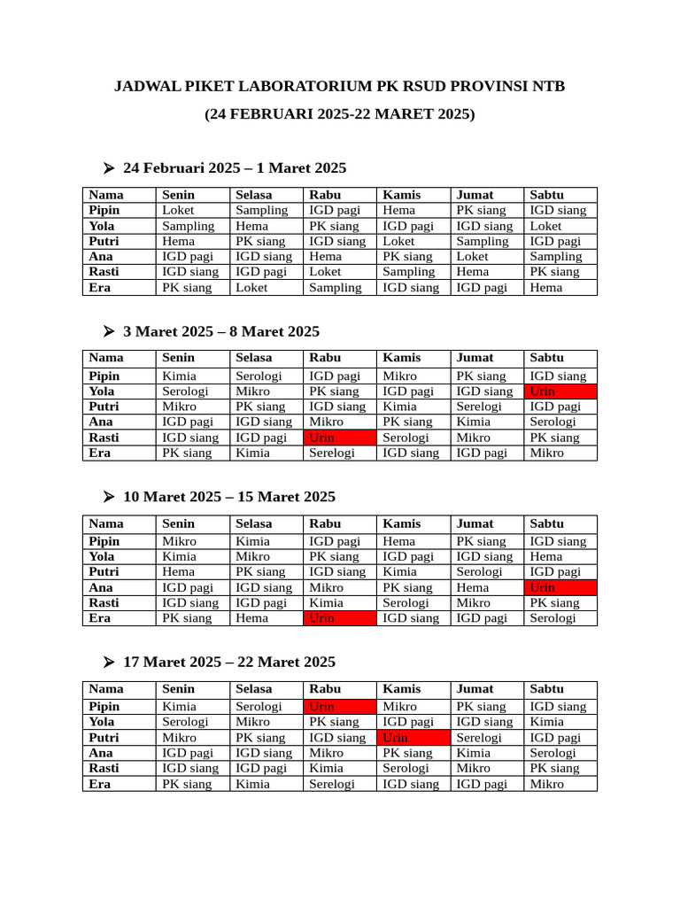 JADWAL PIKET LABORATORIUM PK RSUD PROVINSI NTB | PDF