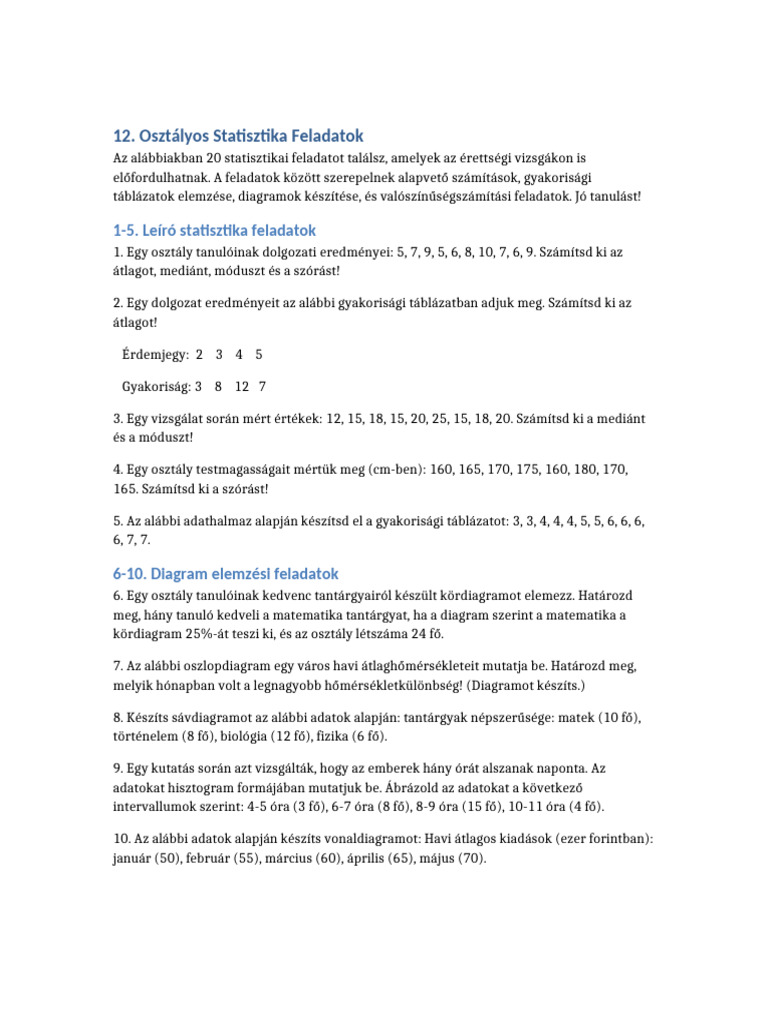 Statisztika Feladatok 12osztaly | PDF