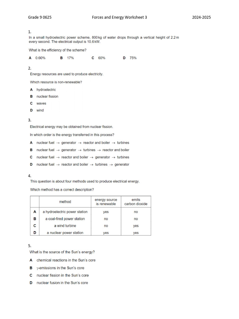Grade 9 0625 Forces and Energy Worksheet 3 2024-2025 | PDF