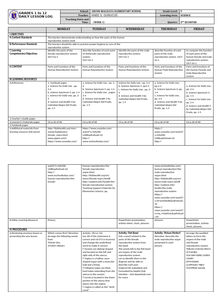 DLL Quarter 2 Week 1 Science 5 | PDF | Uterus | Human Reproduction