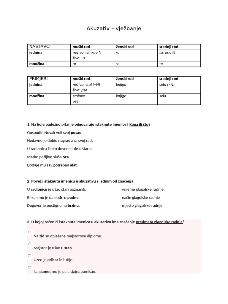 Akuzativ - vježbe | PDF