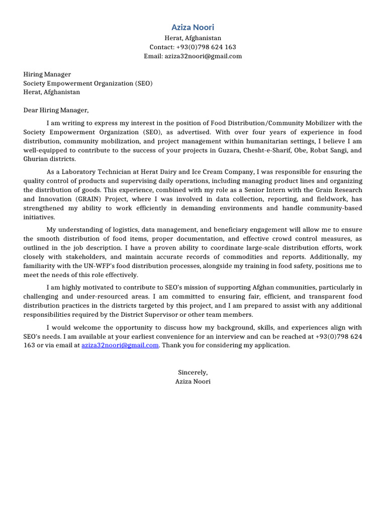 Food Distribution Community Mobilizer Cover Letter | PDF | Business