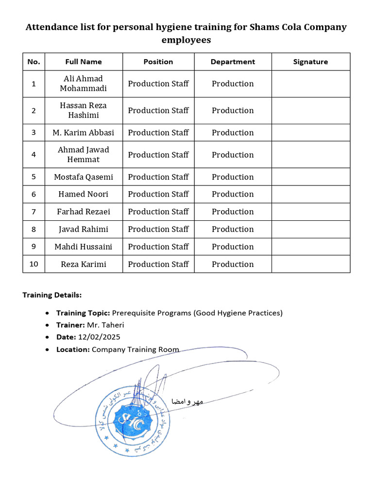 Shams Cola Hygiene Training Attendance List | PDF