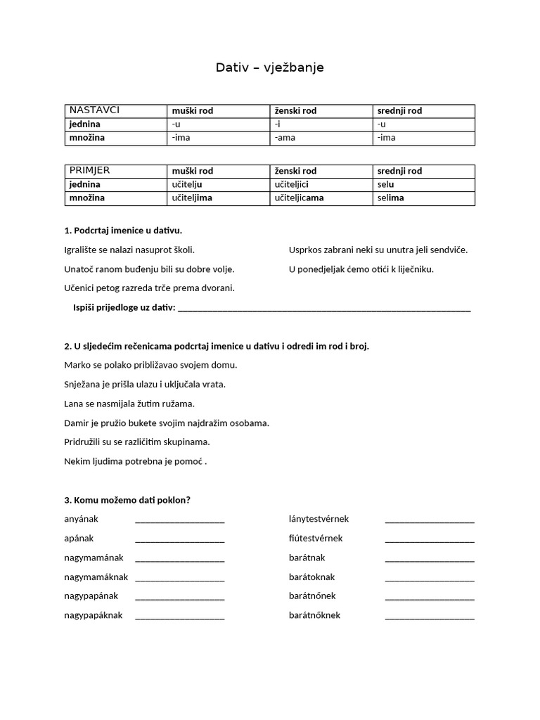 Dativ - Vježbe | PDF