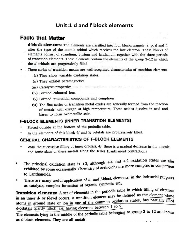 FOC unit 1 d and f block elements | PDF | Periodic Table | Lanthanide