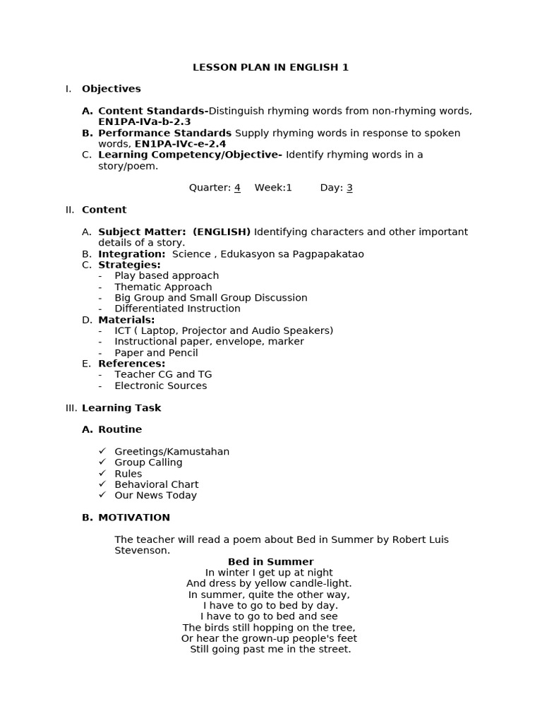 Rhyming Words Lesson Plan for Grade 1 | PDF