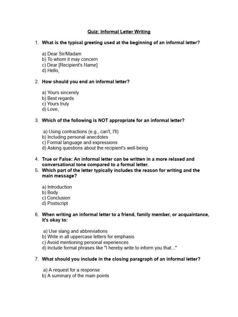 Quiz Informal Letter Writing | PDF