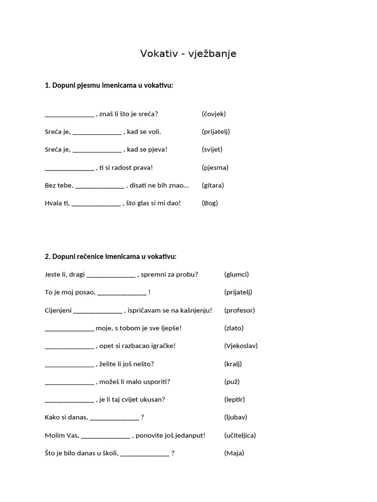 Vokativ - Vježbe | PDF